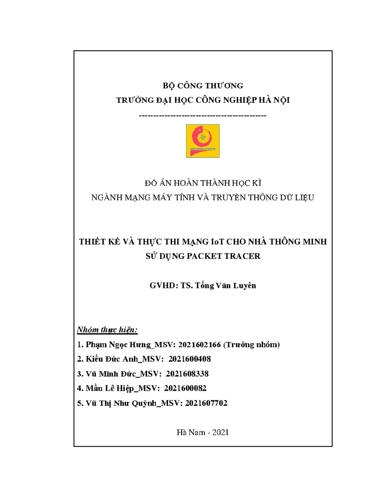 Đồ Án Cuối Kỳ MMT 2021: Thiết Kế Mạng IoT Cho Nhà Thông Minh - Studocu