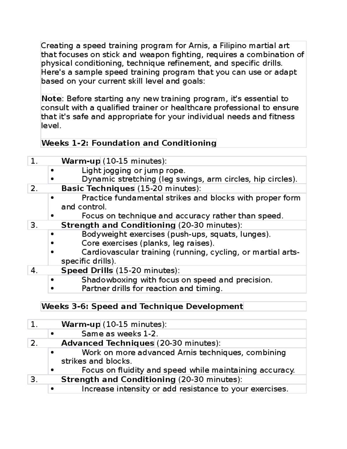 Creating a Speed Training Program for Arnis (Martial Arts) - Studocu