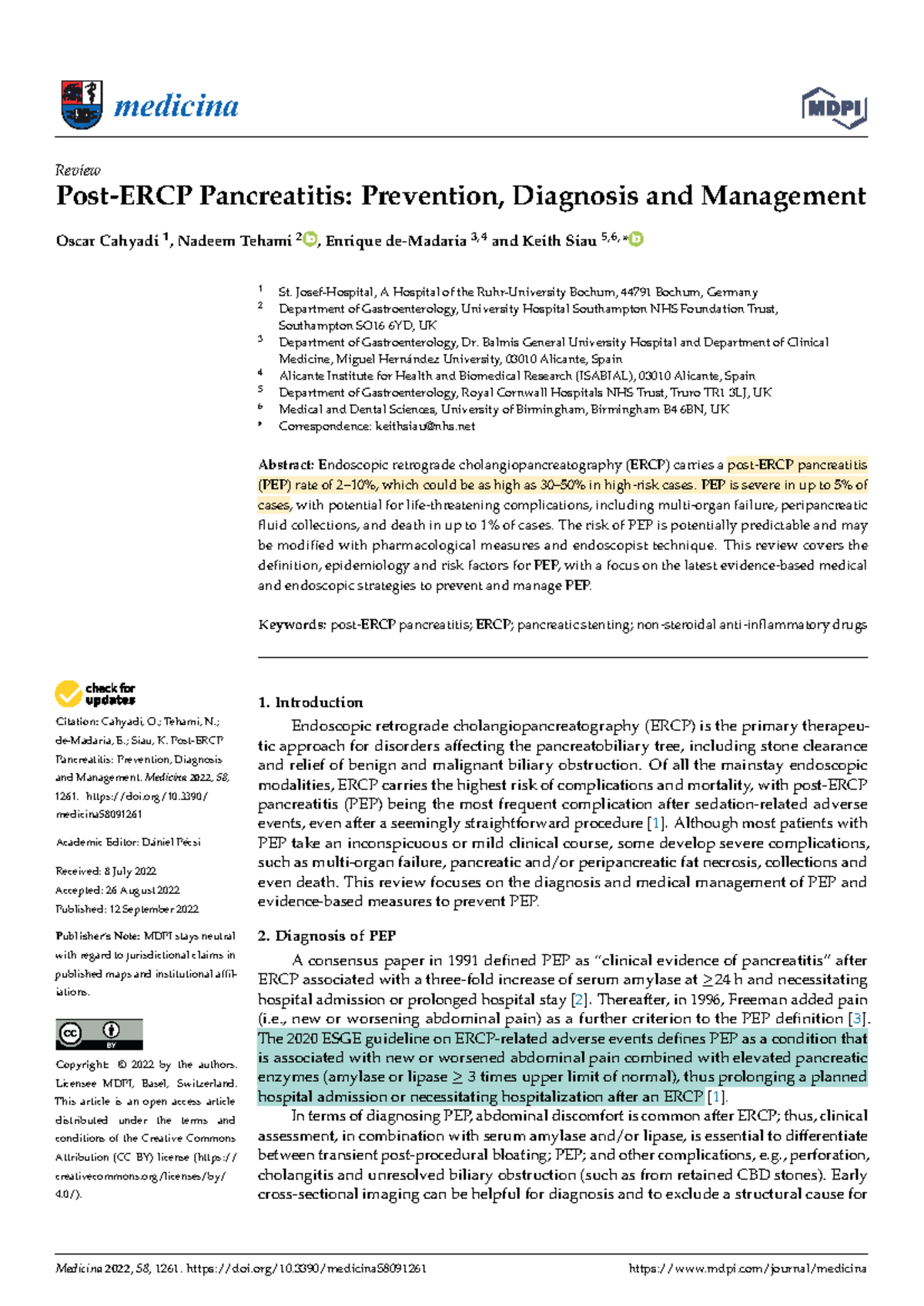 Post-ERCP Pancreatitis. Prevention, diagnosis and management - Citation ...
