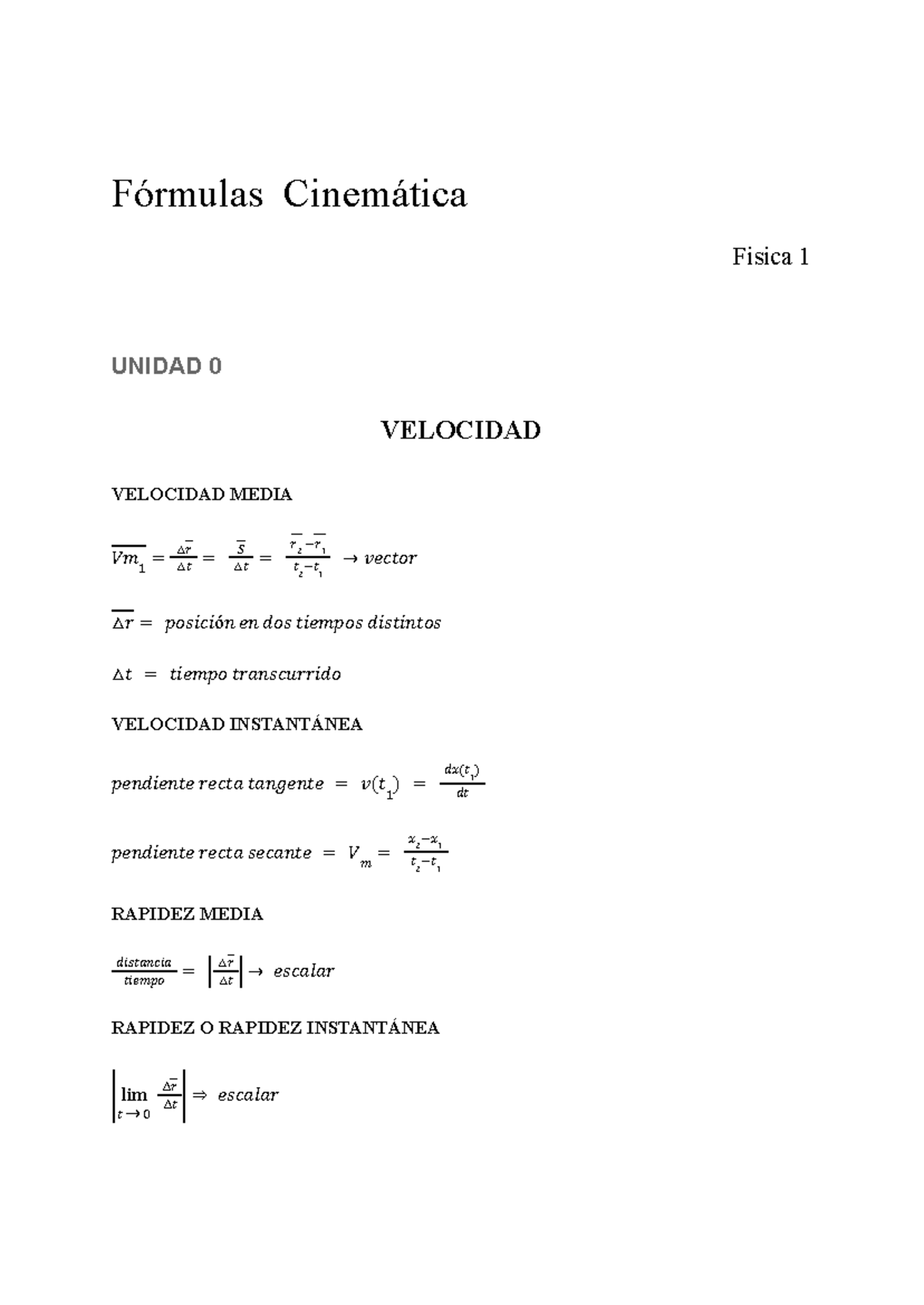 Fórmulas de Cinemática - Física 1 - Apuntes de Unidad 0 a 3 - Studocu