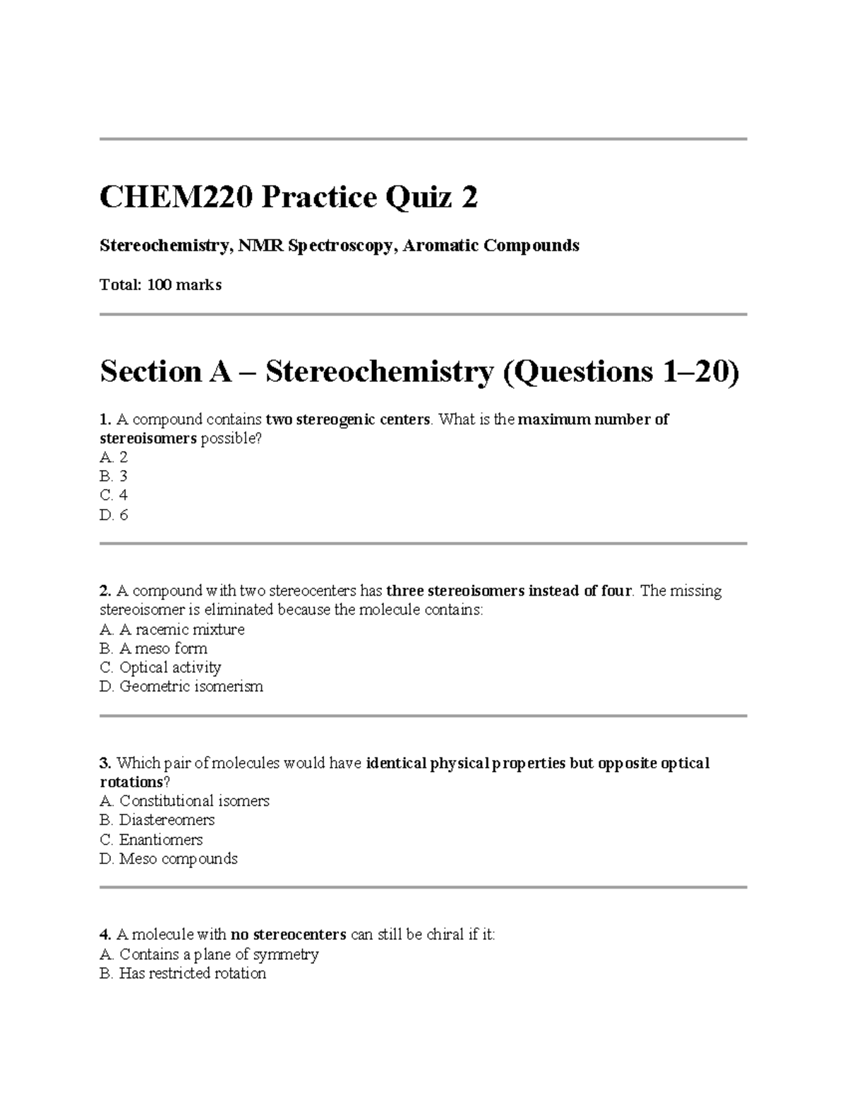 CHEM220 Practice Quiz 2: Stereochemistry, NMR, Aromatic Compounds - Studocu