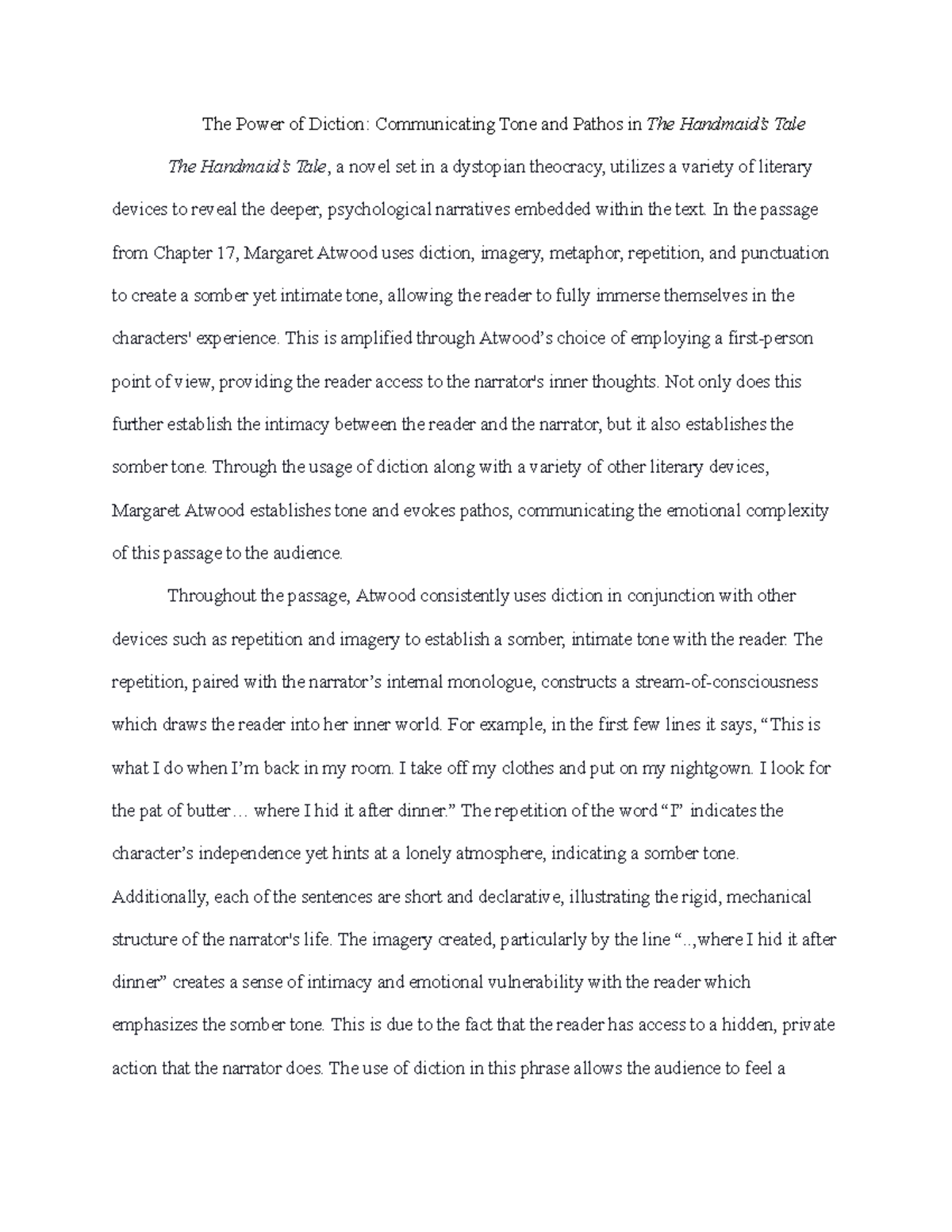 The Handmaid’s Tale (ENG 101): Analyzing Diction and Tone in Chapter 17 ...