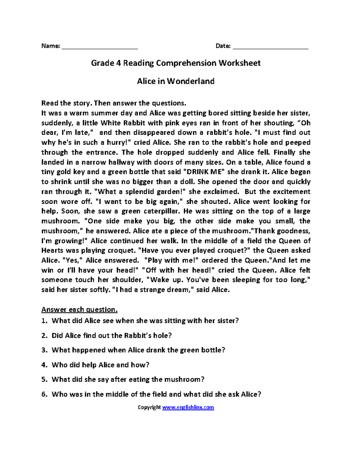 Grade 4 Reading Comprehension: Alice in Wonderland Worksheet - Studocu