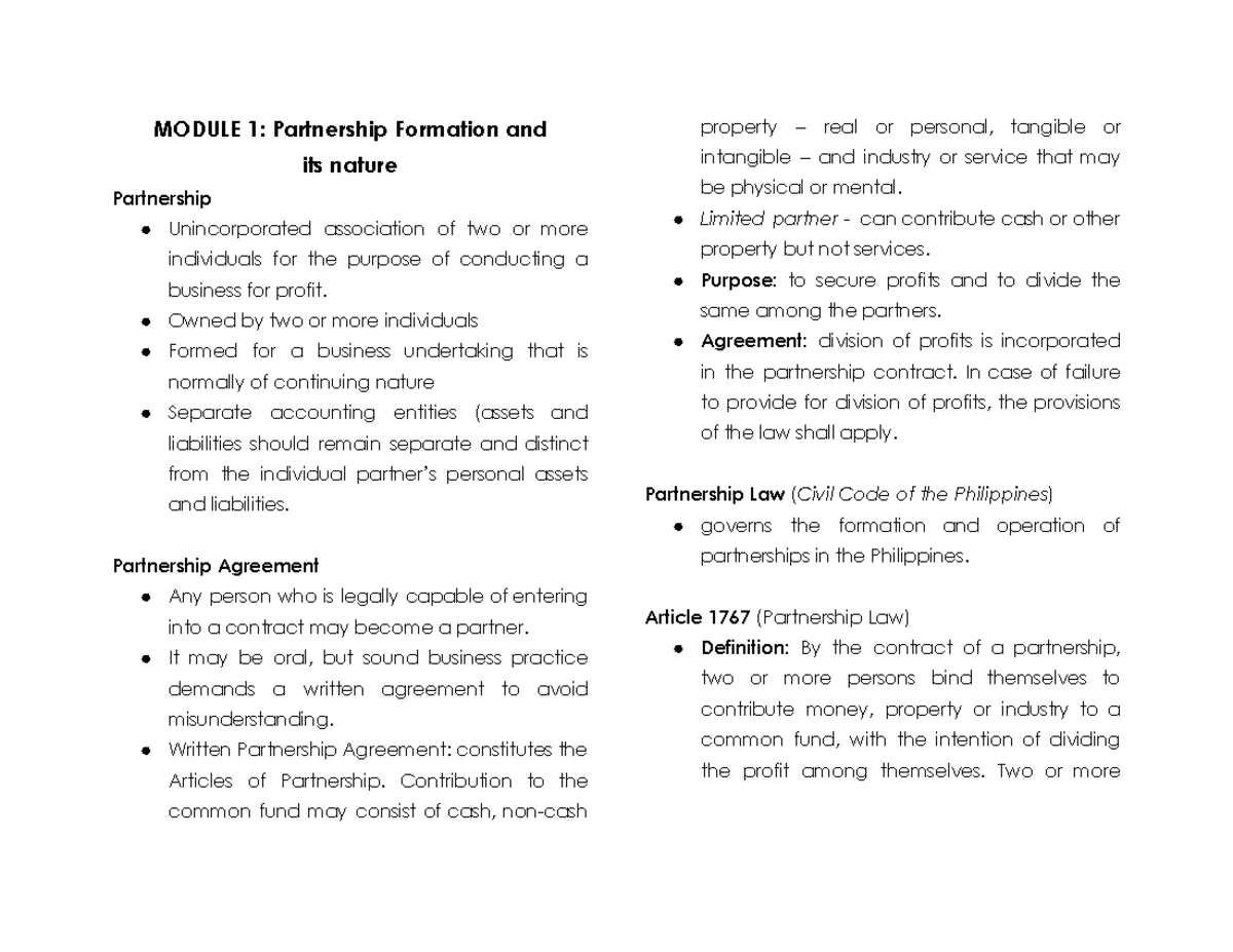 Partnership Formation Reviewer - MODULE 1: Partnership Formation and ...