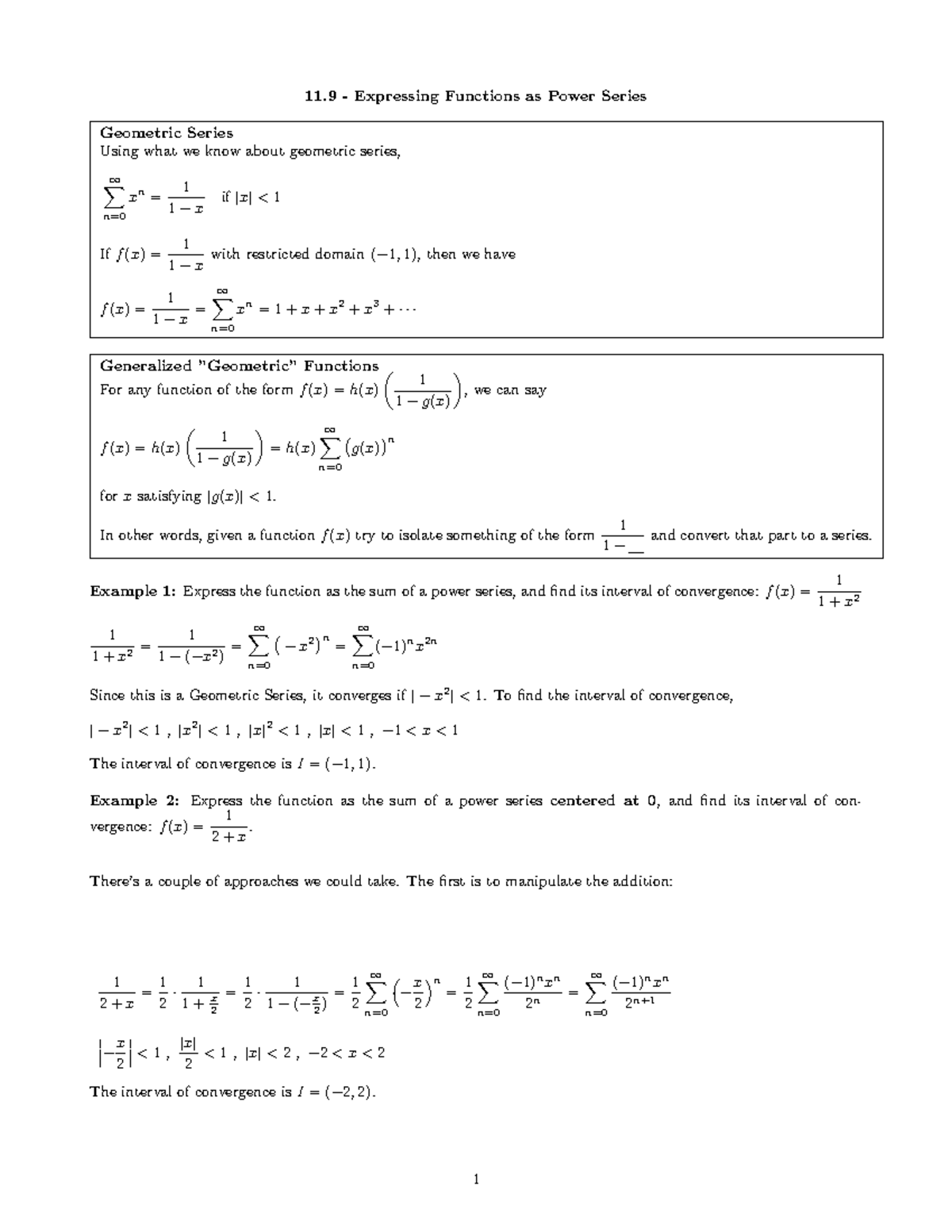 Final Exam Notes on Power Series & Intervals of Convergence (MATH 101 ...
