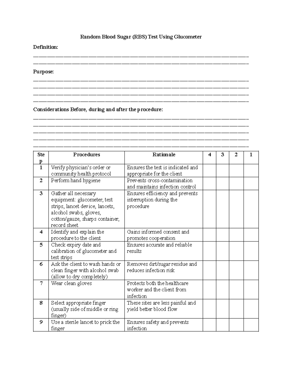 Random Blood Sugar (RBS) Test Checklist for CHN - Studocu