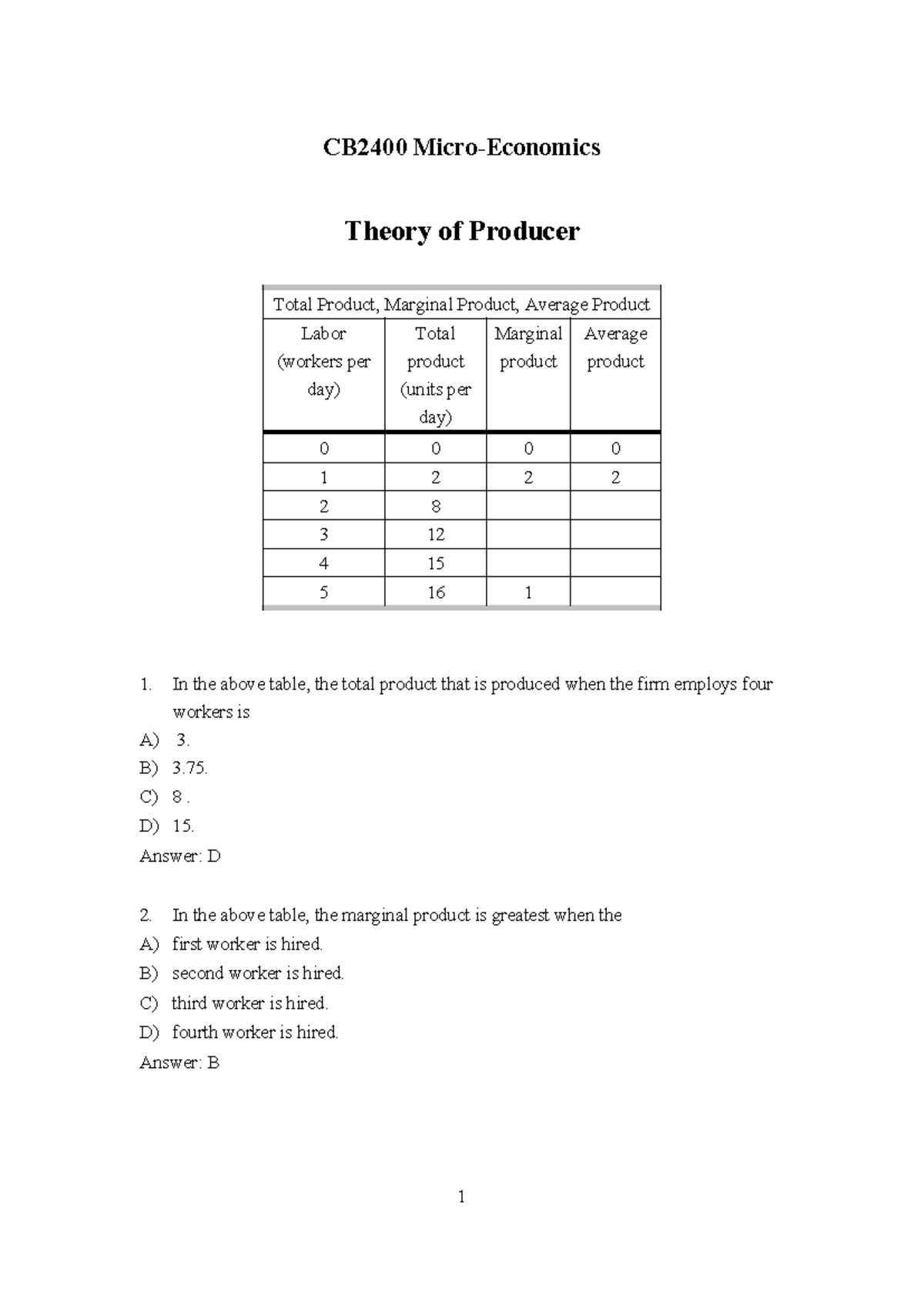 CB2400 Final Exam: Theory of Producer Total Product & Labor Analysis ...