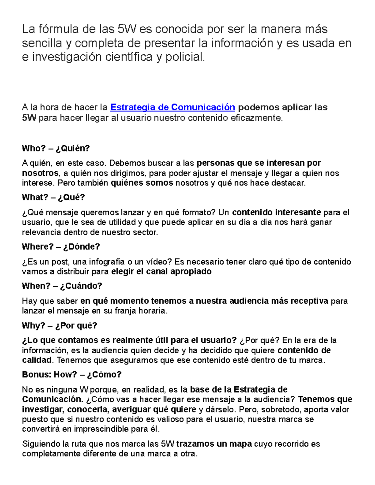 Metodología 5W: Análisis y Estrategia de Comunicación - Studocu