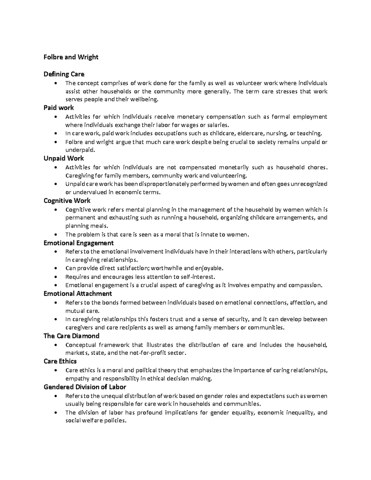 SOC test 2 summary notes - Folbre and Wright Defining Care The concept ...