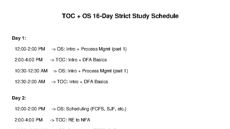 TOC OS 16-Day Strict Study Schedule: Process Mgmt & DFA Basics - Studocu