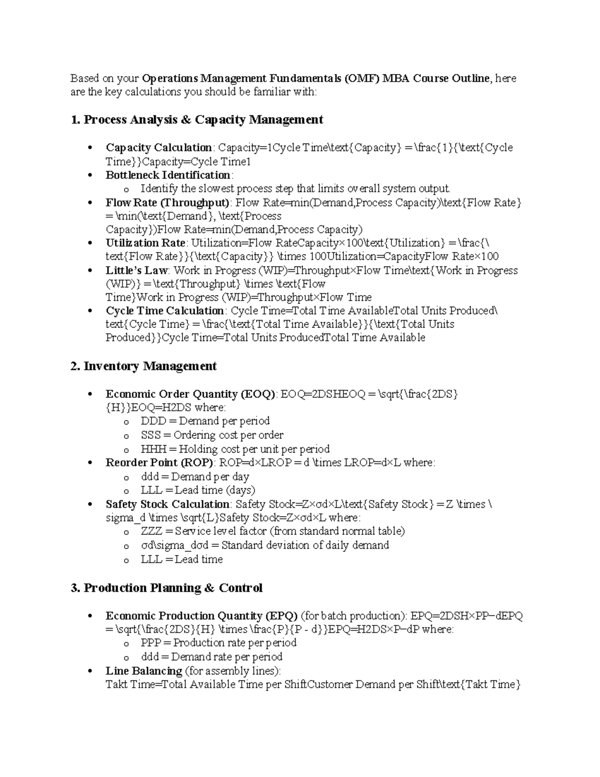 OMF 2023: Key Calculations in Operations Management Overview - Studocu