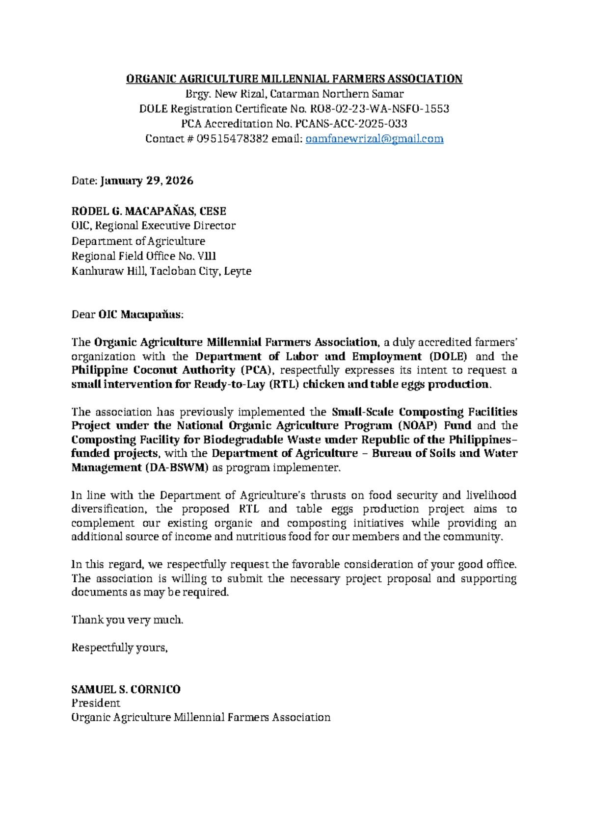 DA RFO LOI: Request for Small Intervention Program for RTL Chicken ...