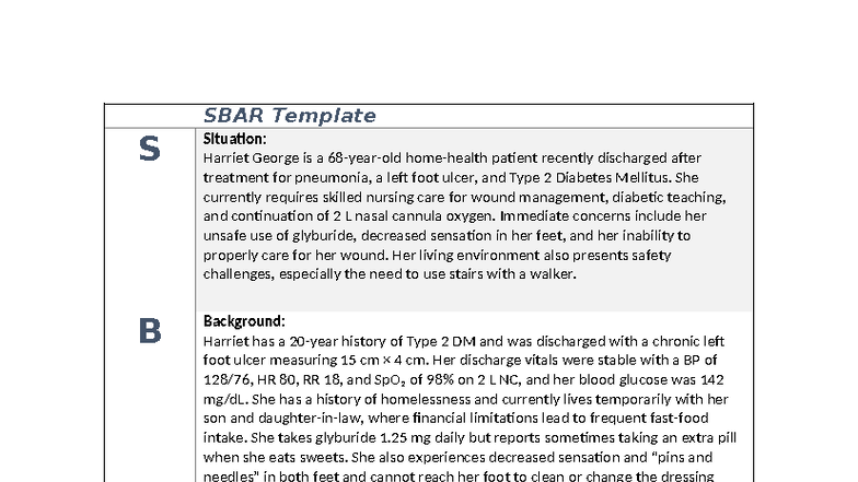 SBAR Report for Harriet George: Post-Pneumonia Care Plan - Studocu