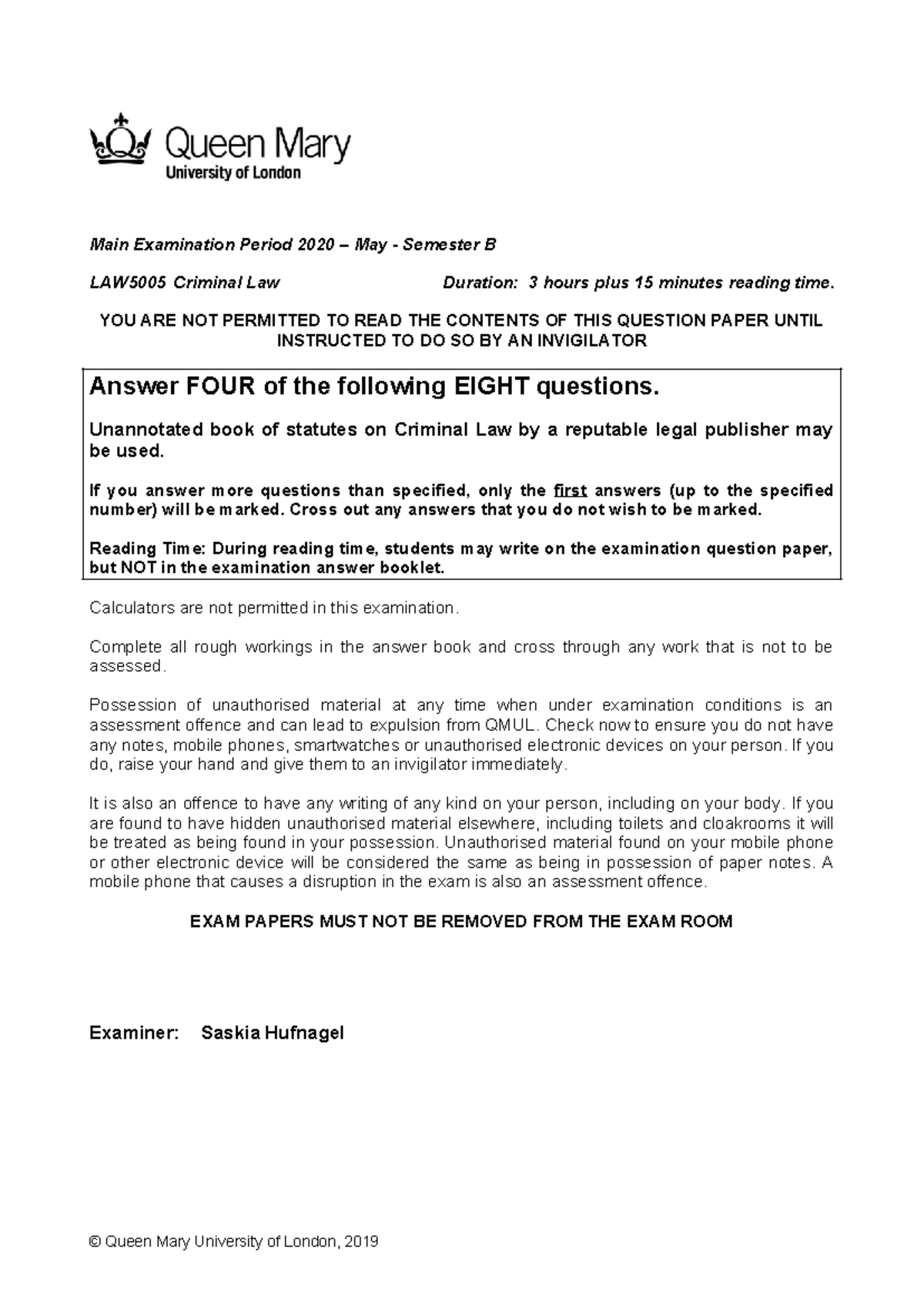 2020 LAW5005 May Exam Paper: Criminal Law Questions and Guidelines ...