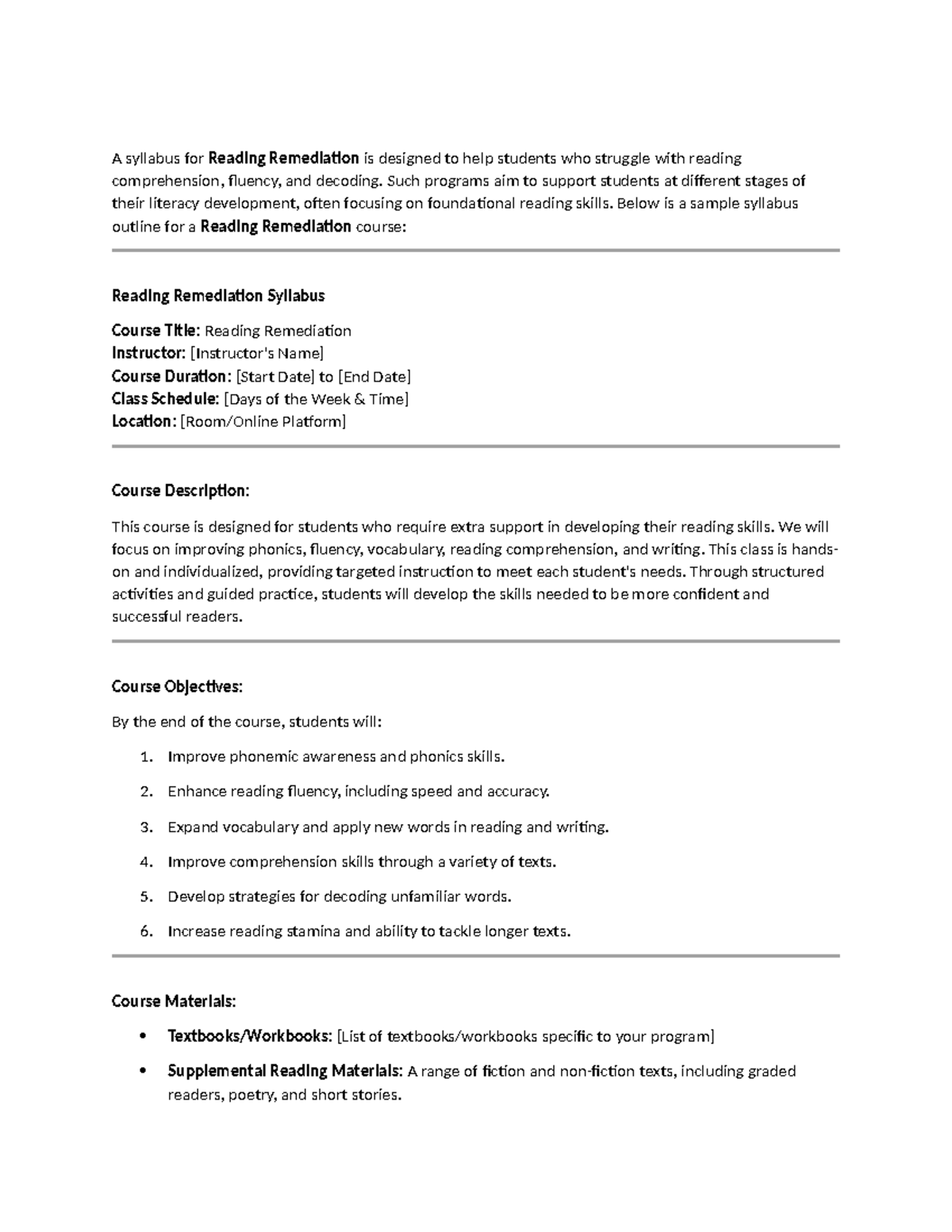 Syllabus on Reading Remediation - Such programs aim to support students ...