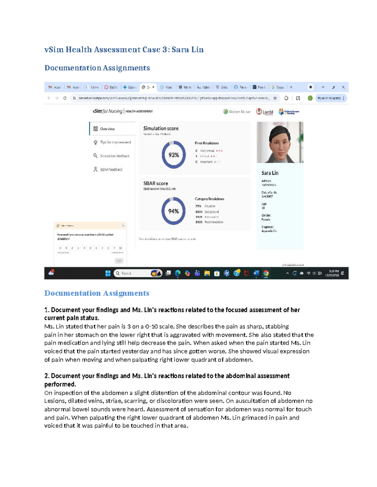 vSim Health Assessment Case 3: Sara Lin Documentation & Findings - Studocu