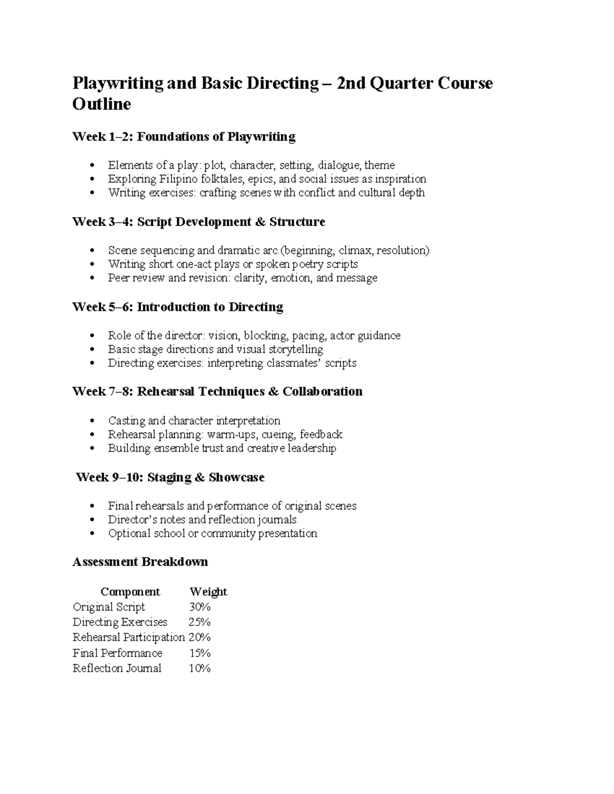 Playwriting and Basic Directing 2nd Quarter Course Outline - Studocu