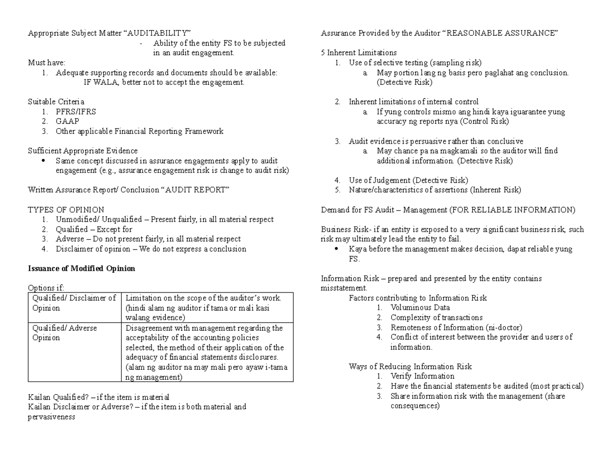Auditing Theory - FS Audit Engagements and Evidence (ACCT 101) - Studocu