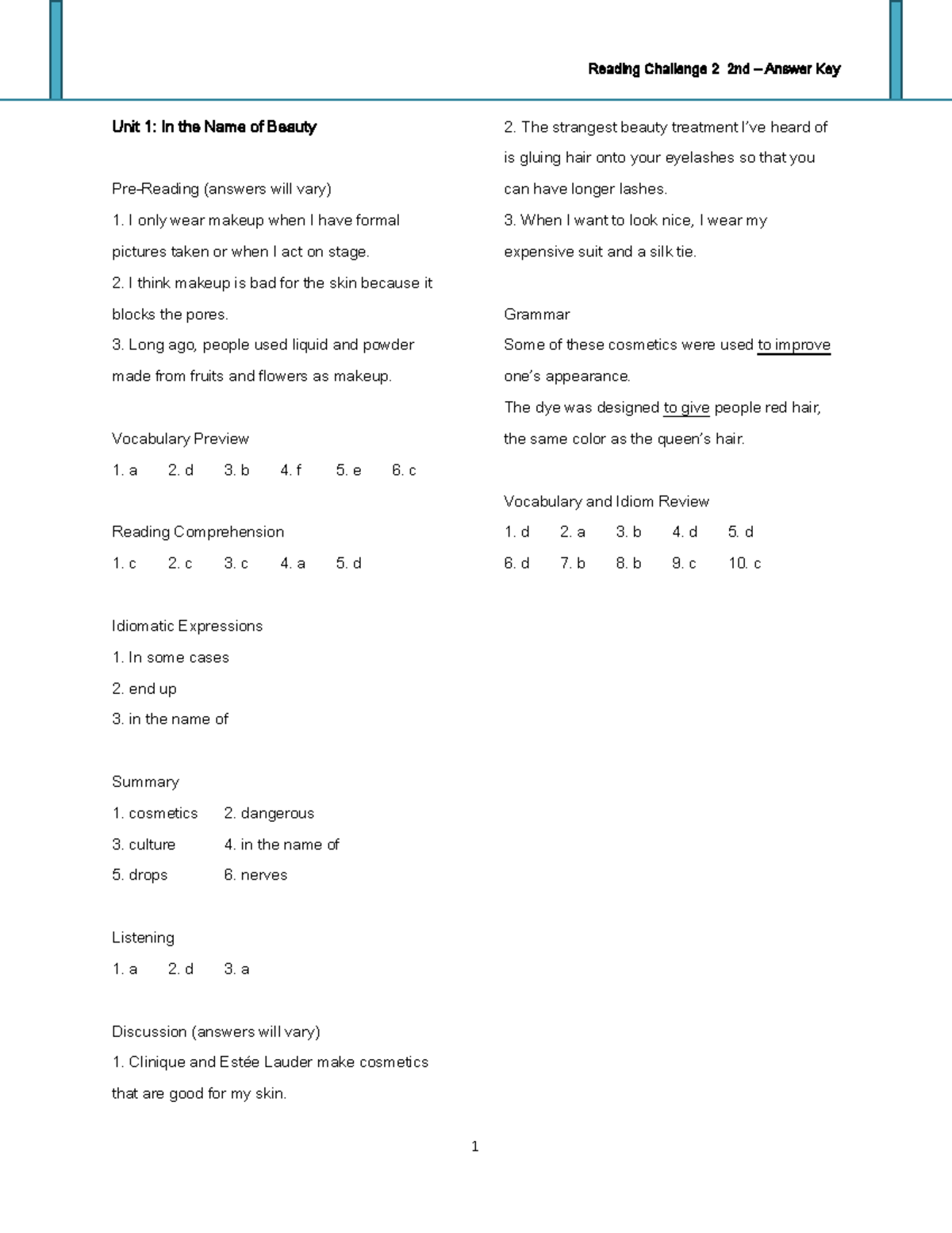 Reading Challenge 2 Answer Key: Unit Insights and Responses - Studocu