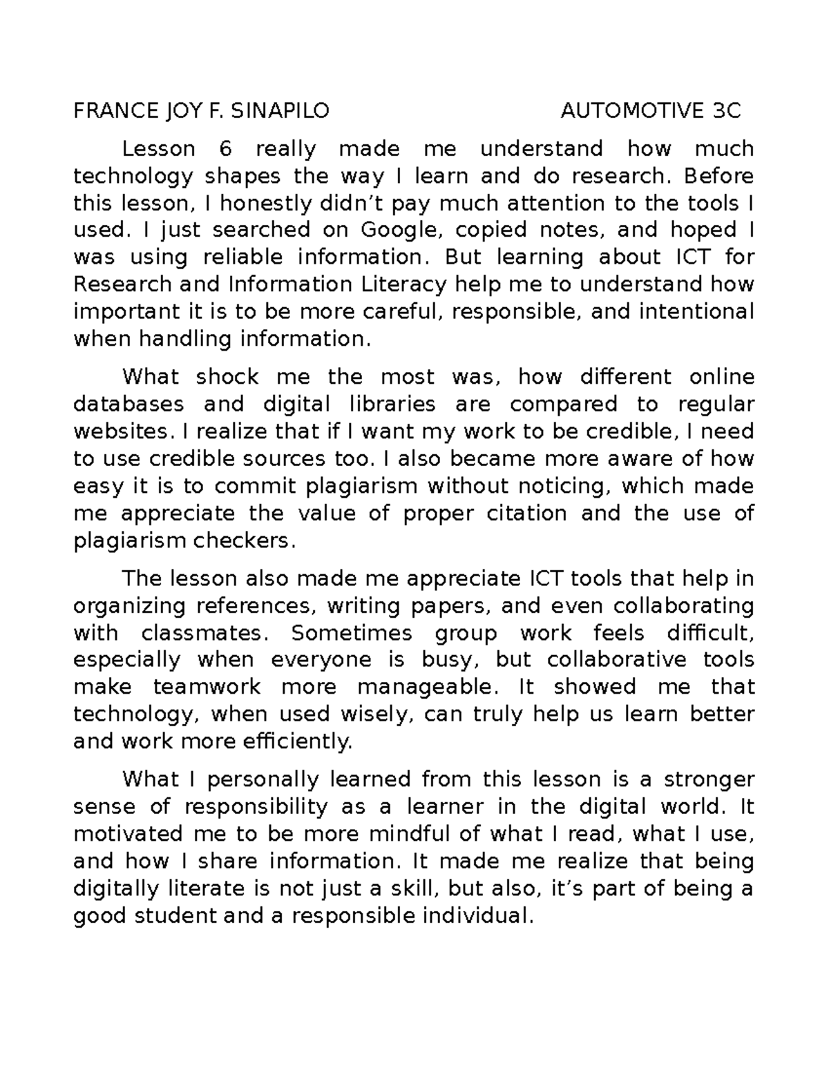 FRANCE JOY F. SINAPILO AUTOMOTIVE 3C Lesson 6 Reflection on ICT in ...