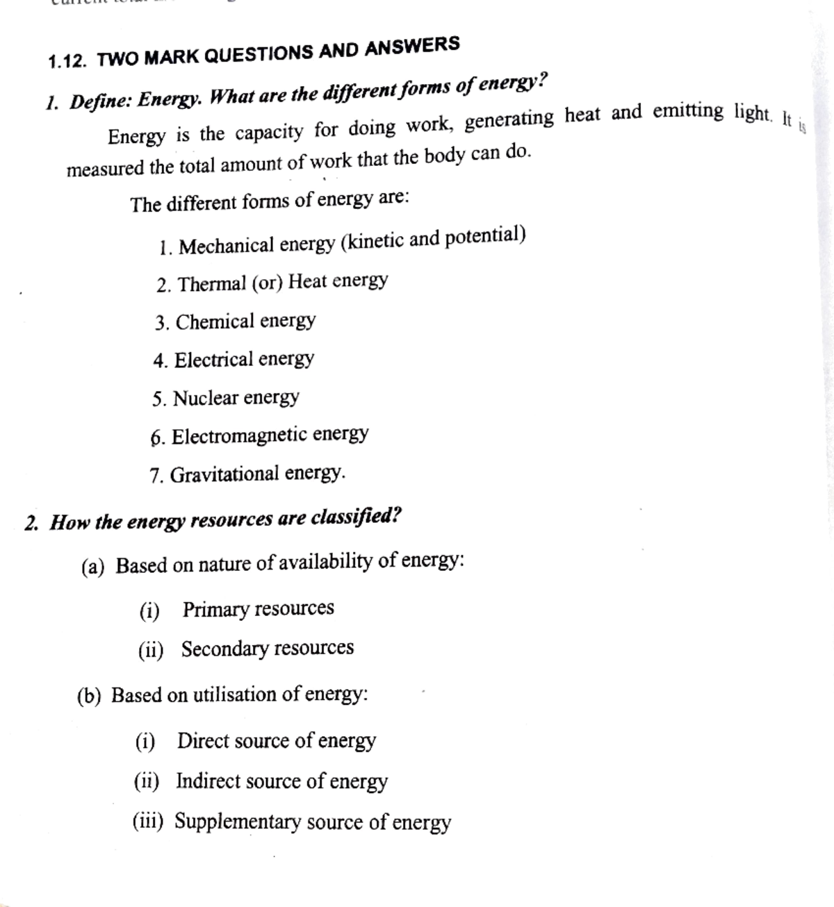 UNIT - 1 RES. 2 Marks - TWO MARK QUESTIONS AND ANSWERS Define: Energy ...