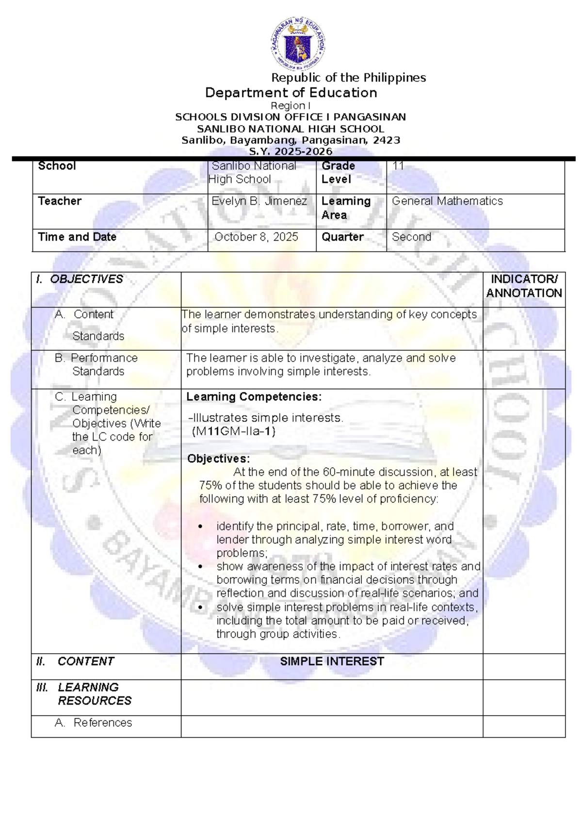 Grade 11 General Math Lesson Plan: Simple Interest (S.Y. 2025) - Studocu