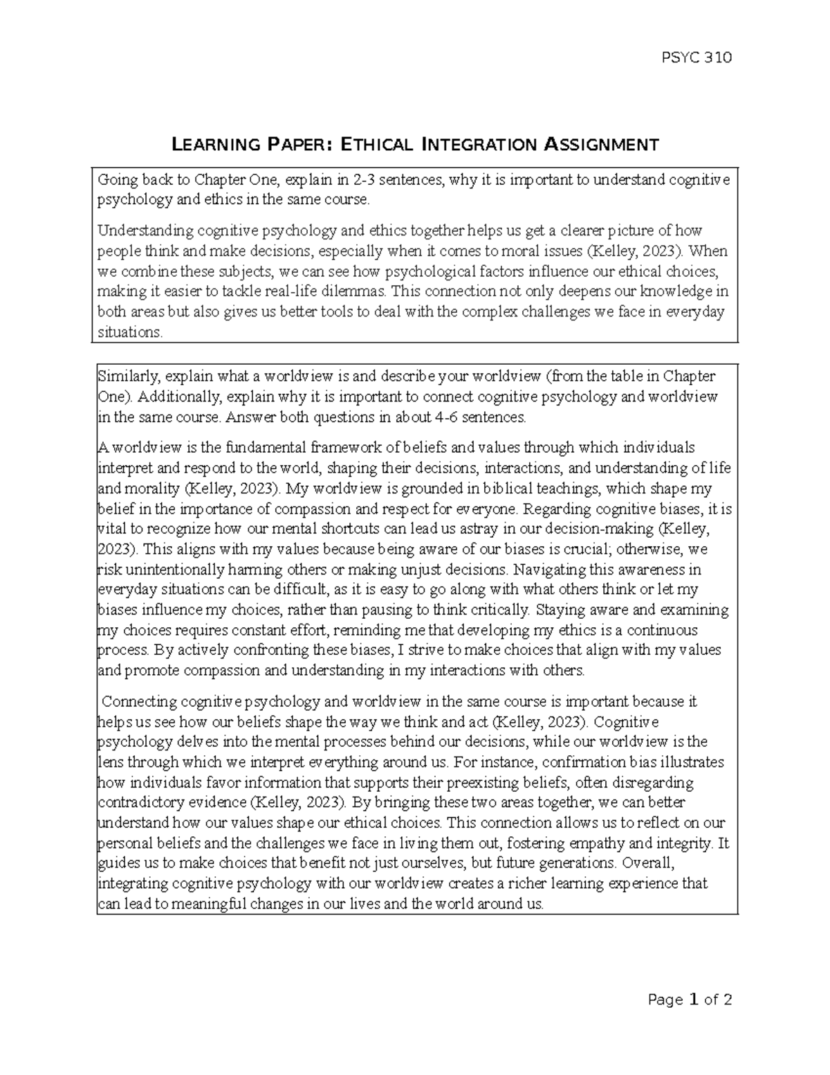 PSYC 310 Learning Paper: Ethical Integration of Cognitive Psychology ...