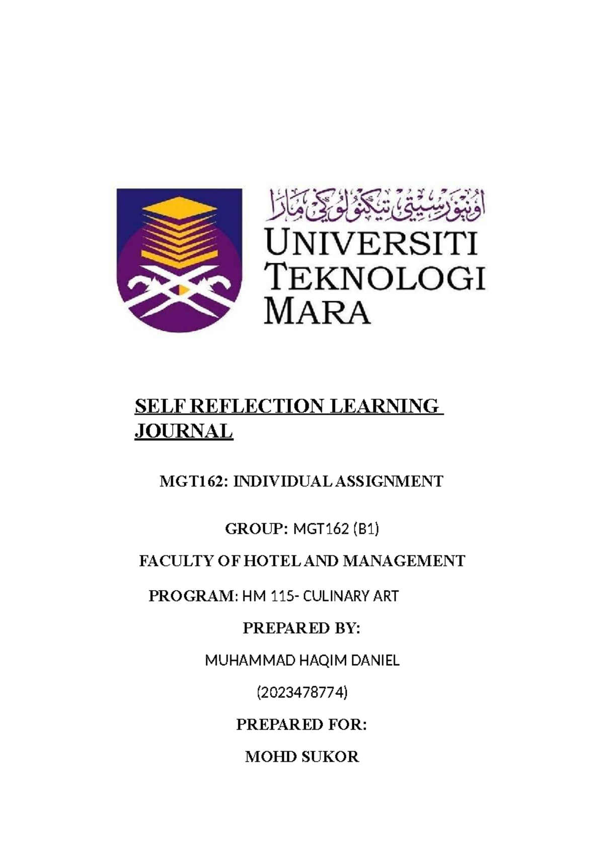 SELF Reflection Learning Journal - SELF REFLECTION LEARNING JOURNAL ...