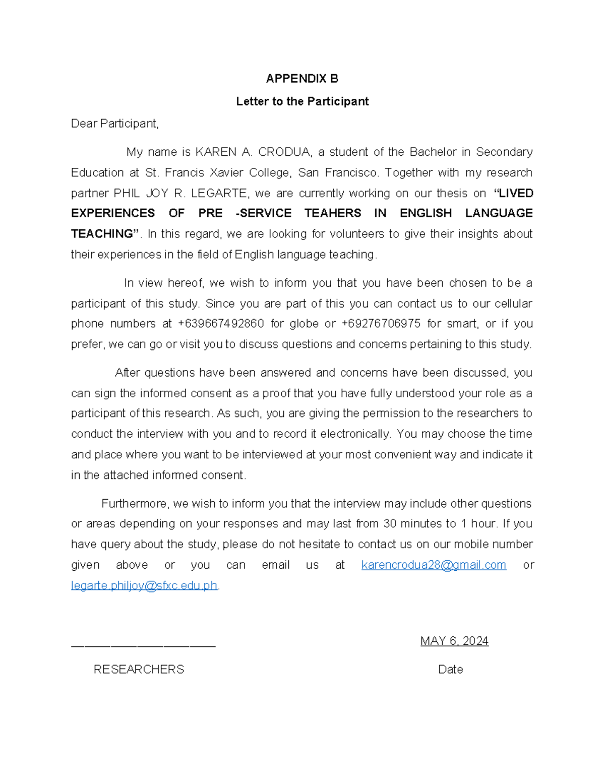 Appendix B - Participant Consent Letter for Thesis Study on Teaching ...