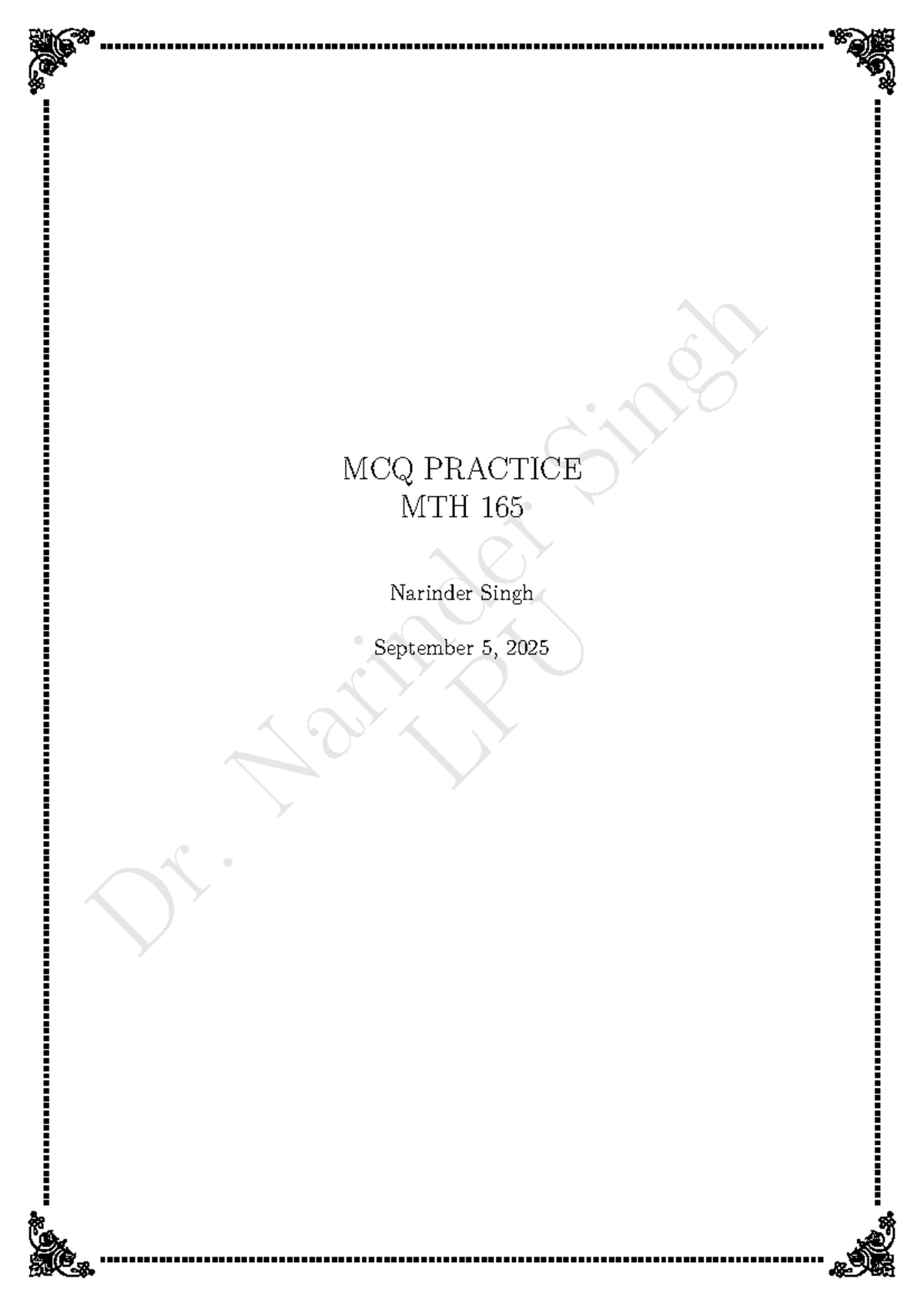 Unit 1 MCQ Practice for MTH 165 - Dr. Narinder Singh - Studocu