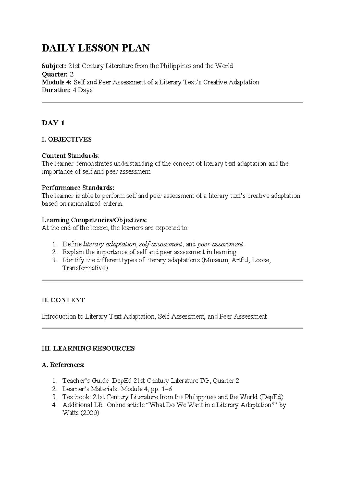 DAILY LESSON PLAN: 21st Century Literature (Quarter 2, Module 4) - Studocu
