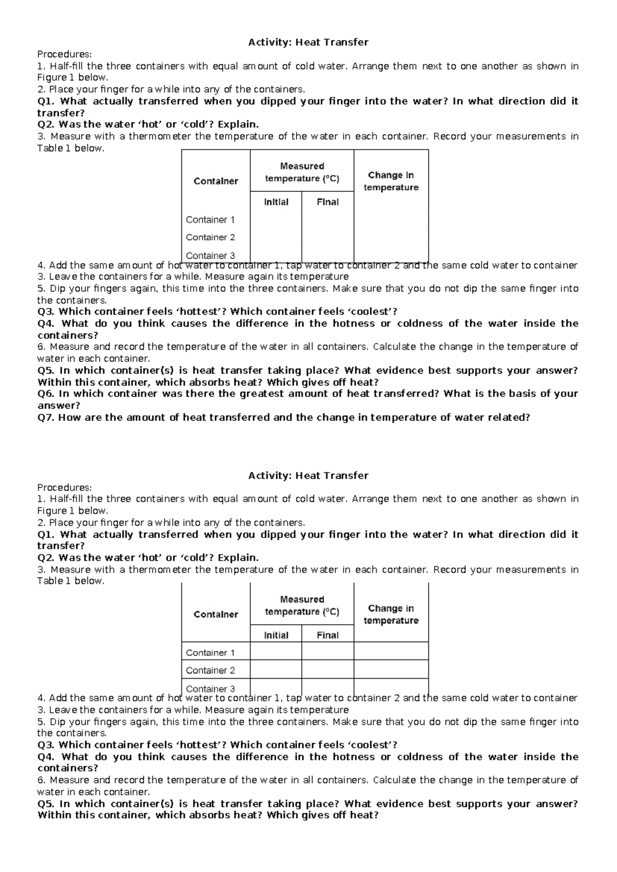 Activity: Heat Transfer Experiment Procedures and Observations - Studocu