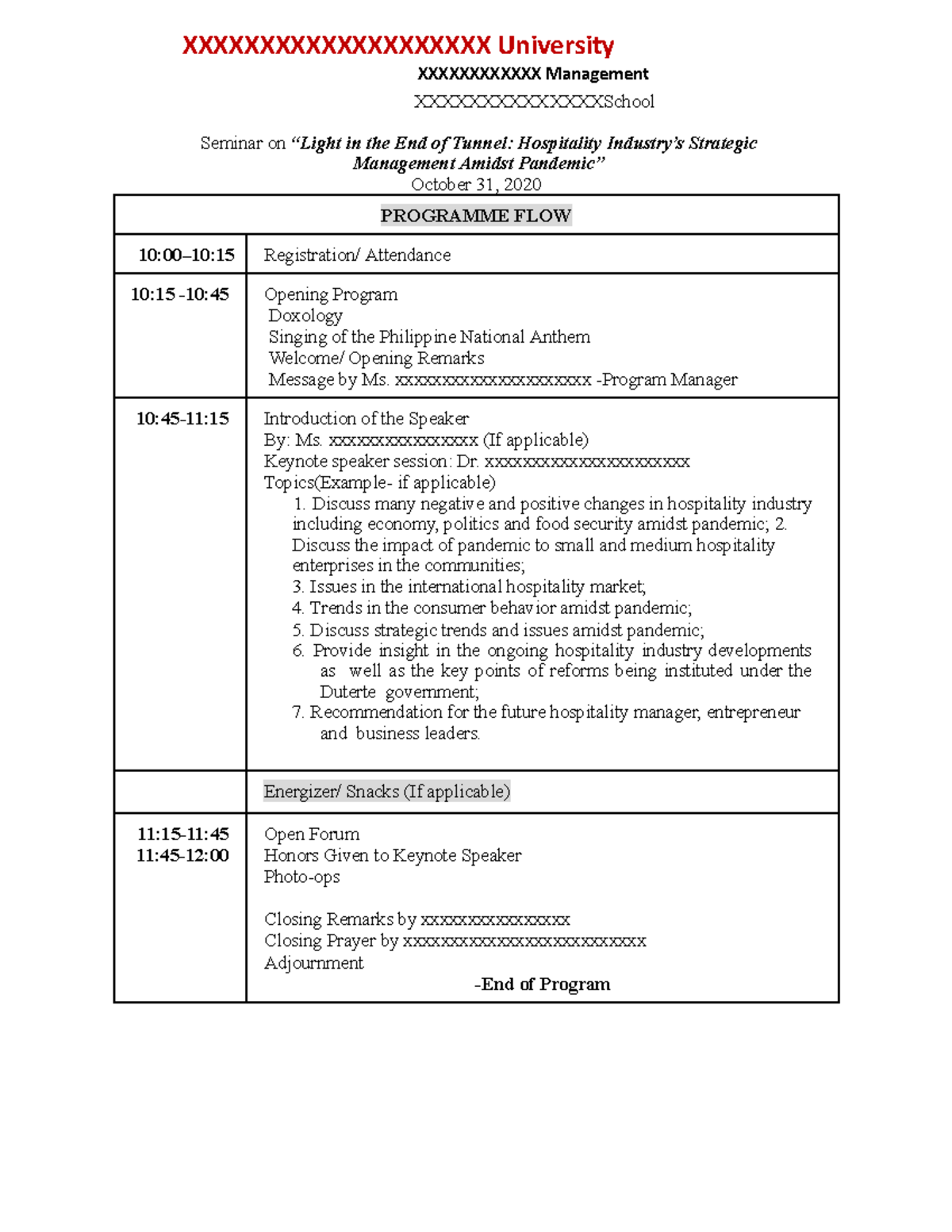 University Management Seminar: Hospitality Strategic Mgmt Program Flow ...