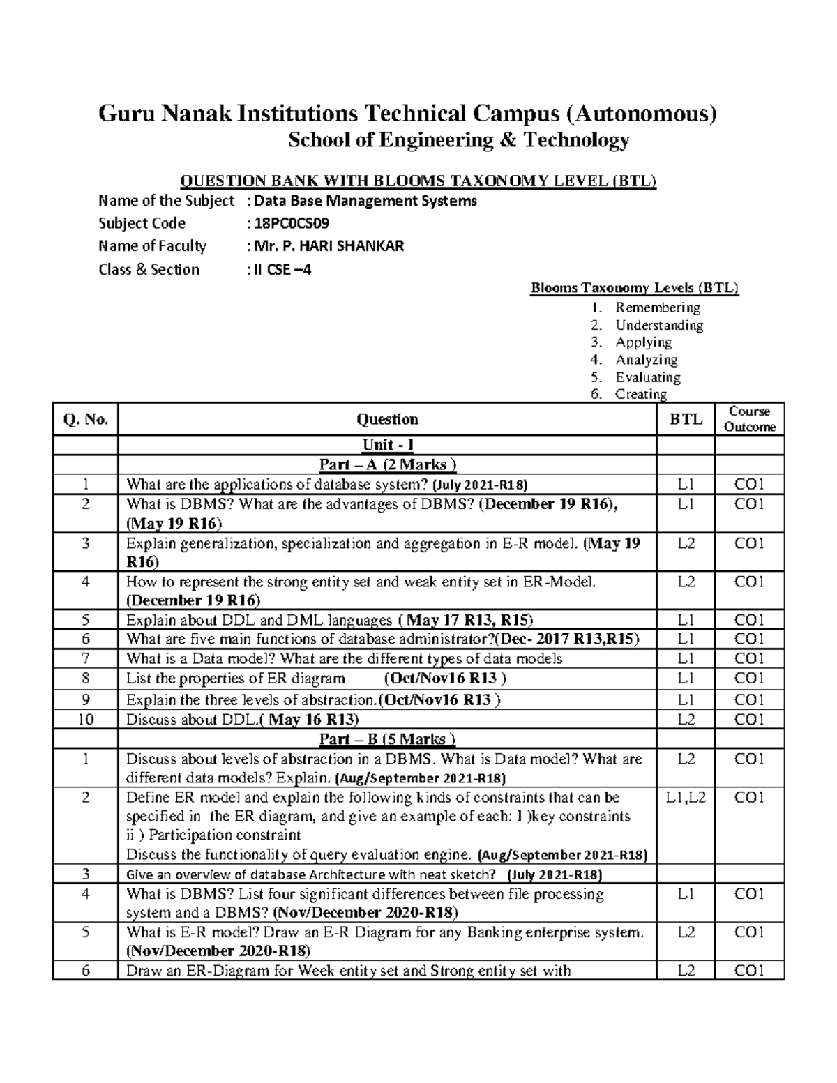 DBMS Question BANK Solutions (PART-B) 2021-22 with BTL Levels - Studocu