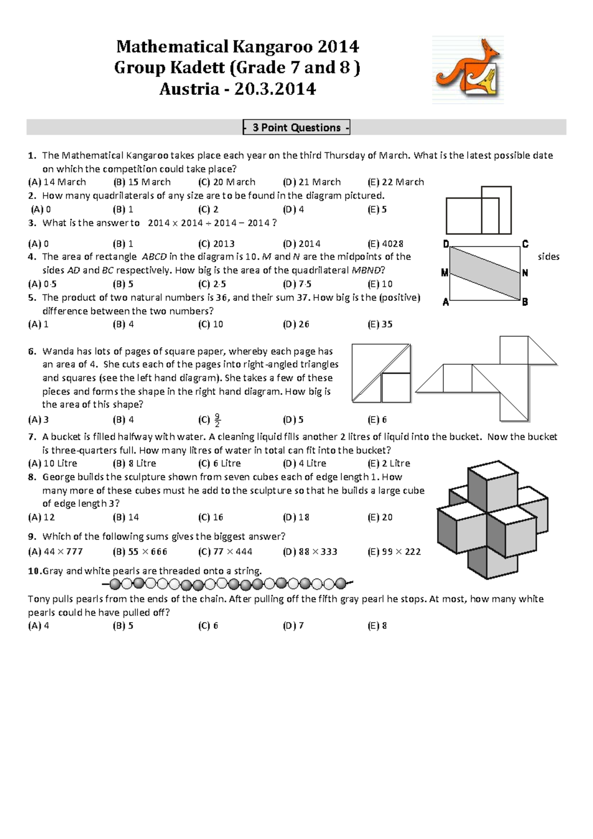 Mathematical Kangaroo 2014 Quiz - Grade 7 & 8 Questions - Studocu