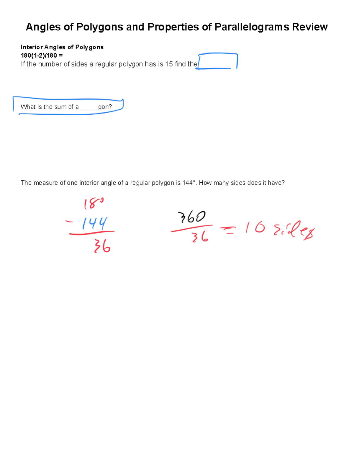 Angles of Polygons and Properties of Parallelograms Review (period 4 ...