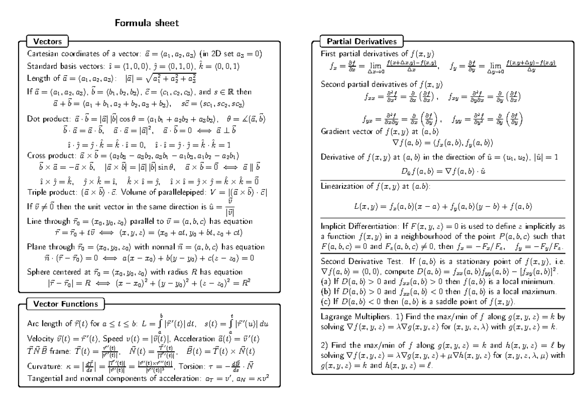 Calculus 2 - Midterm Exam Formula Sheet on Vectors and Derivatives ...