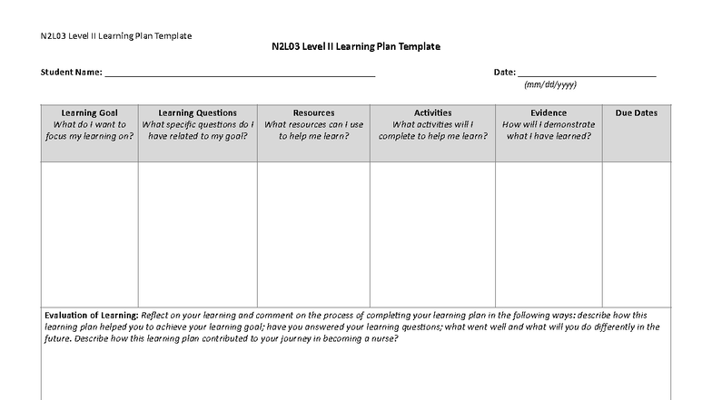 N2L03 Level II Learning Plan Template for Nursing Students - Studocu