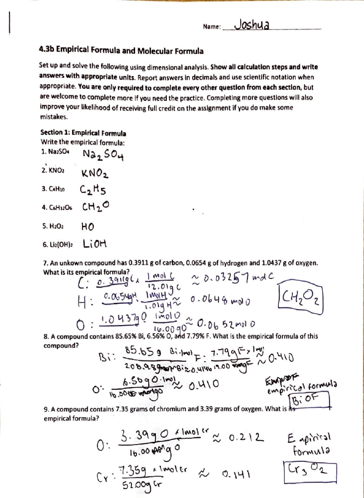 Joshua 4.3 Empirical Molecular Formula - Nam, : JQSnya 4 Empirical ...