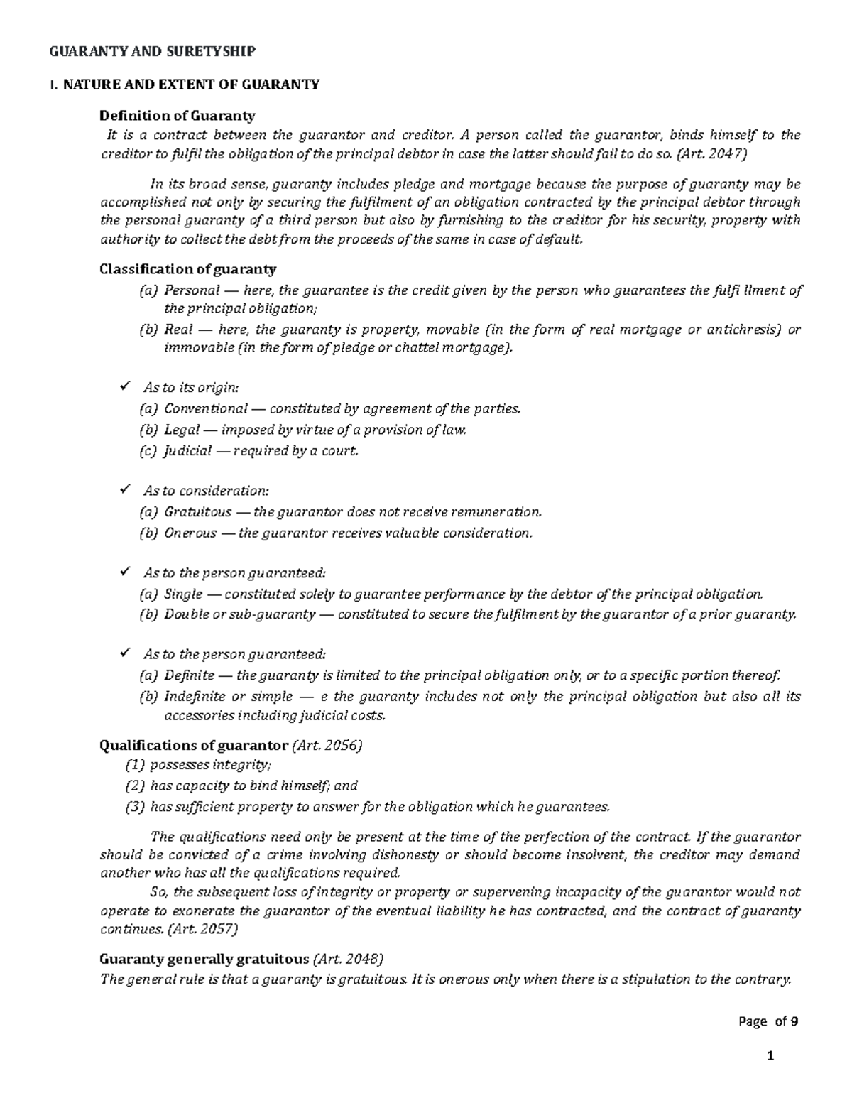 Module 7 guaranty-and-suretyship - GUARANTY AND SURETYSHIP I. NATURE ...