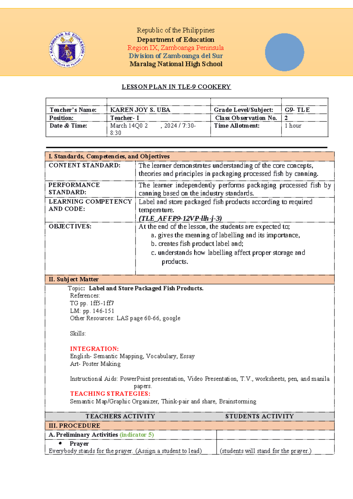 Grade 9 TLE Lesson Plan: Labeling & Storing Packaged Fish Products ...