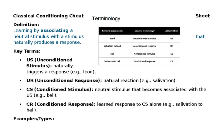 Learning and Motivation: Classical & Operant Conditioning Cheat Sheet - Studocu