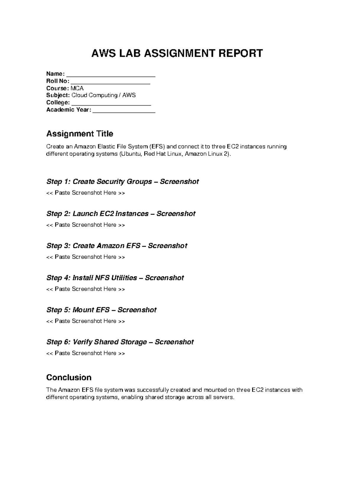 MCA Cloud Computing: AWS EFS Lab Assignment Report - Studocu