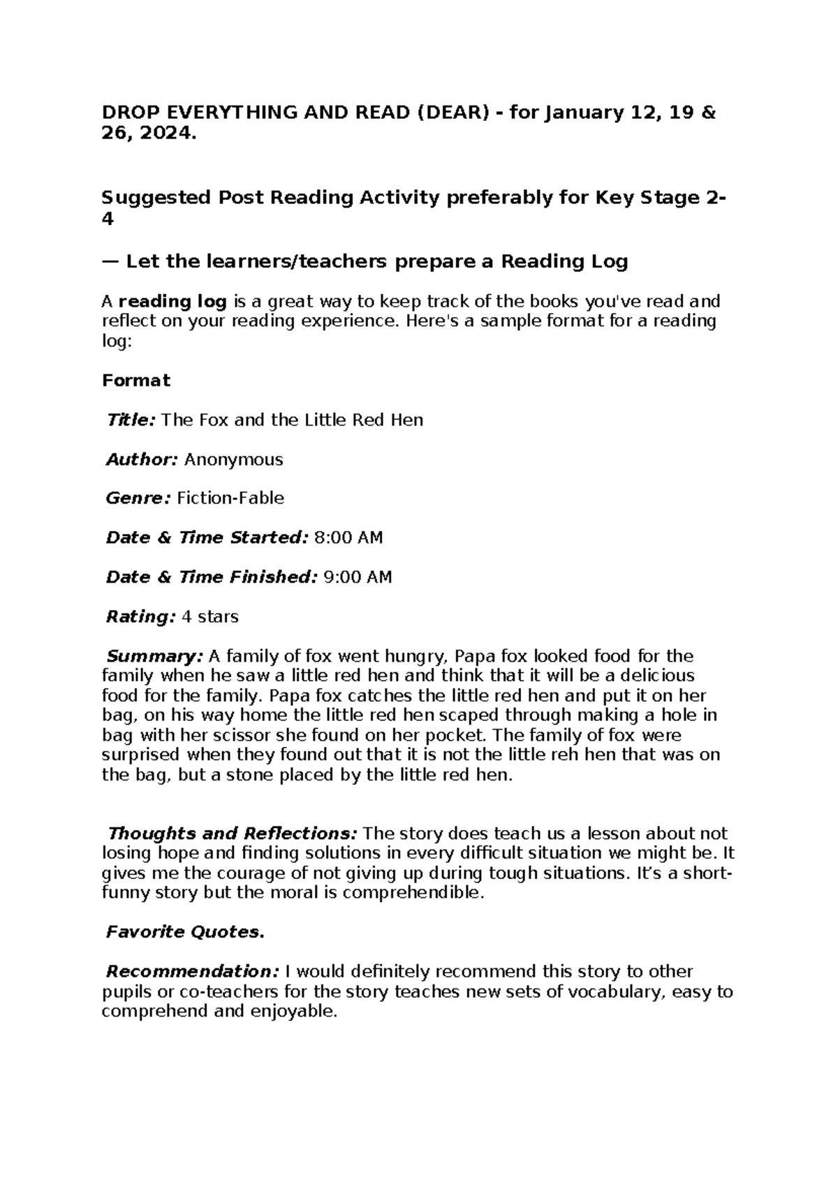 Reading Log Sample for DEAR Activities - Key Stage 2 (Jan 2024) - Studocu