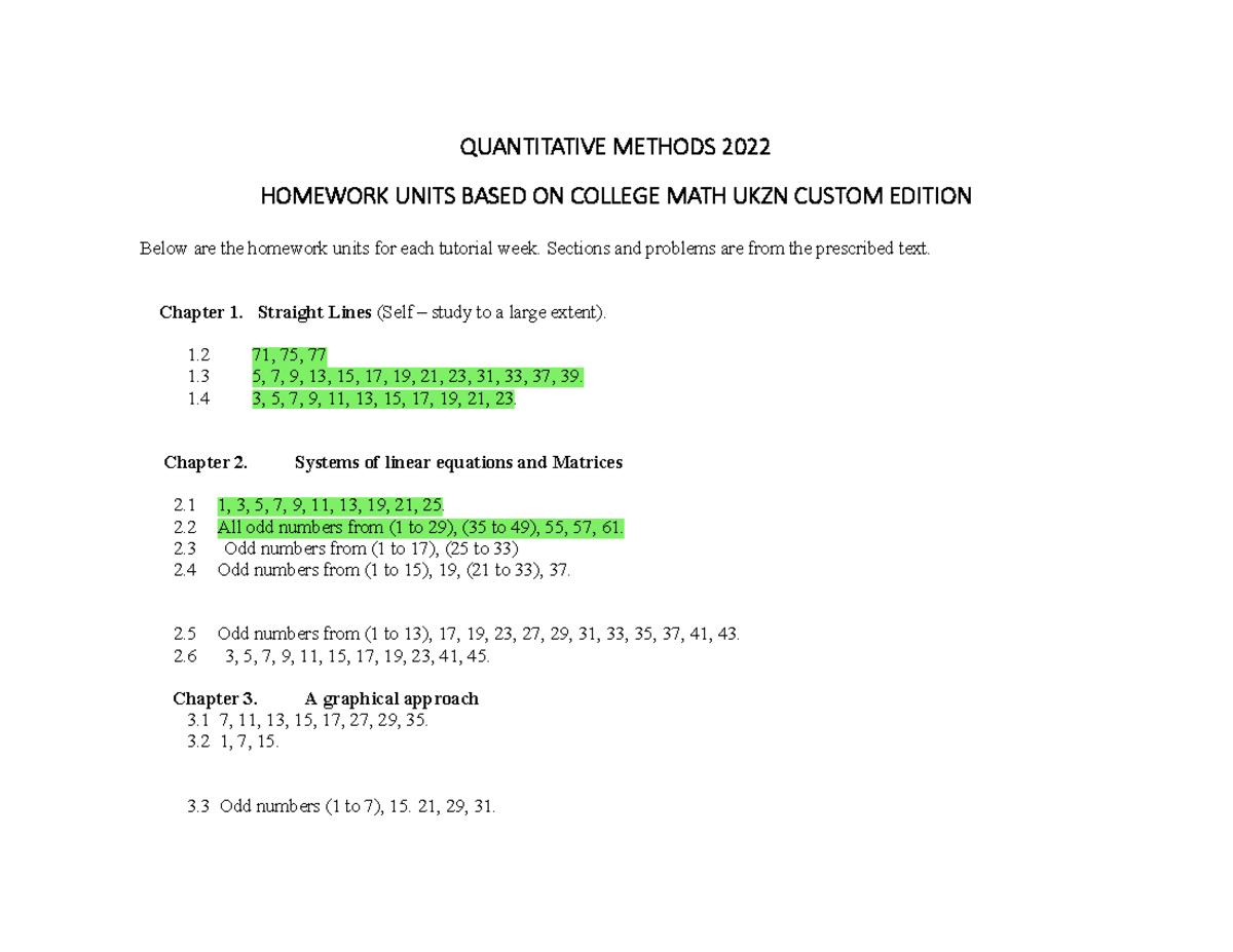 Math134 Homework Units - QUANTITATIVE METHODS 2022 HOMEWORK UNITS BASED ...