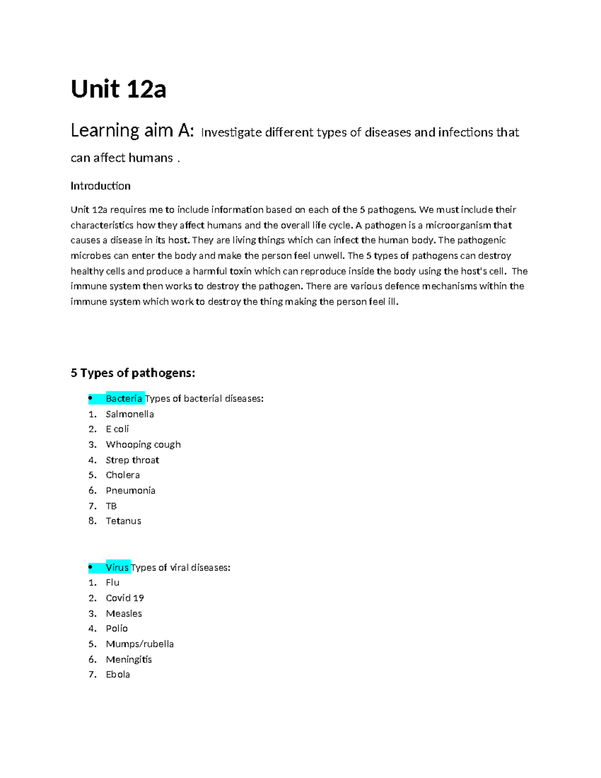 BTEC Applied Science Unit 12A: Exploring Pathogens and Human Diseases ...