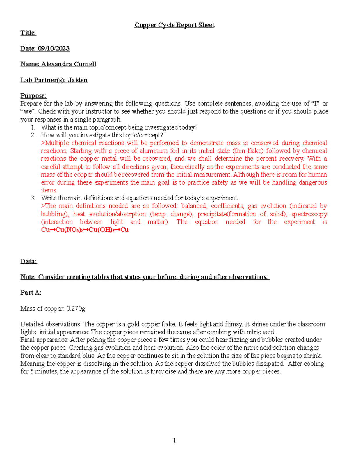 CHEM 1211K - Copper Cycle Report Sheet - Copper Cycle Report Sheet ...