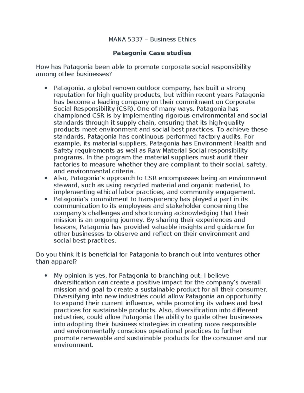 MANA 5337 - Case Study on Patagonia's Corporate Social Responsibility ...