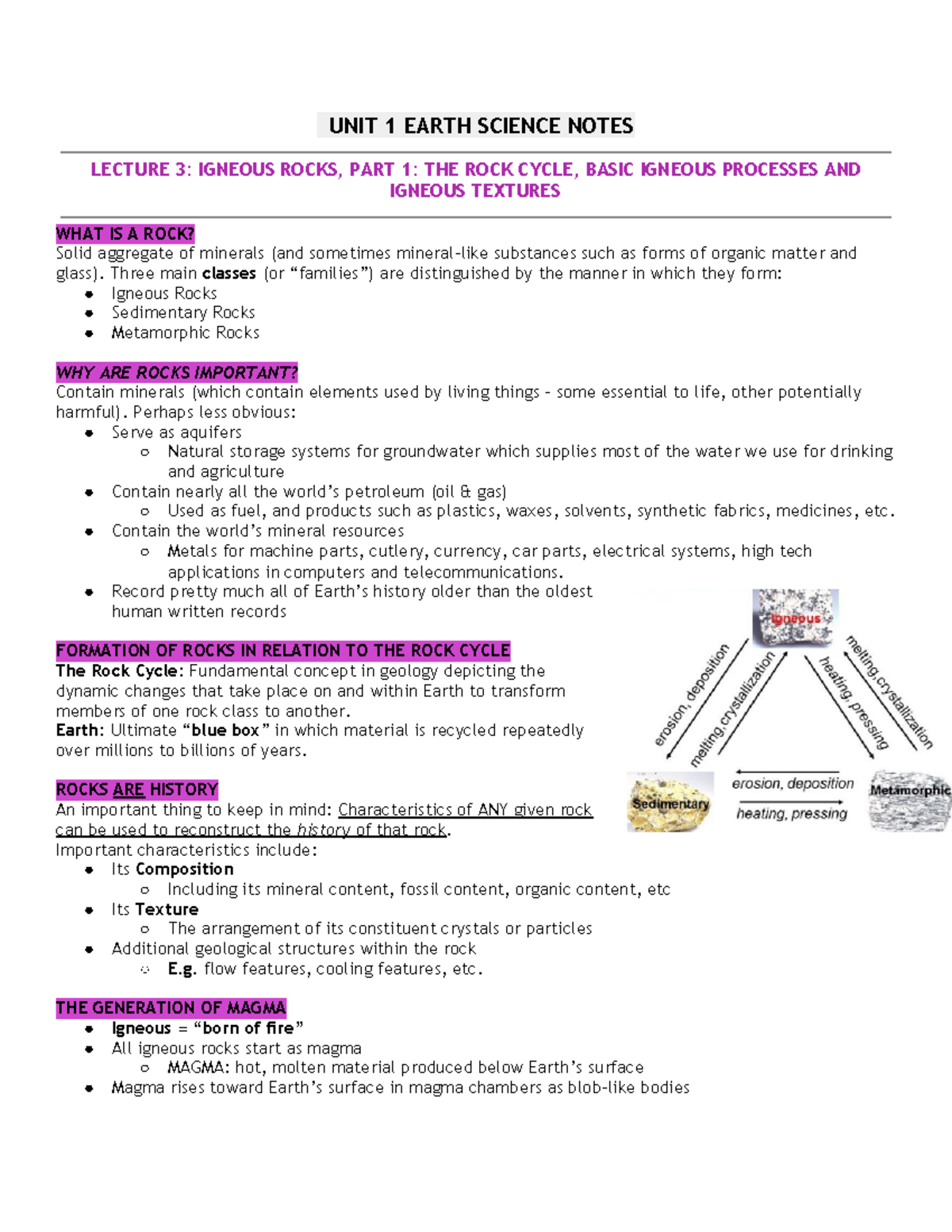 UNIT 1: Earth Science Lecture Notes on Igneous Rocks & Volcanoes - Studocu