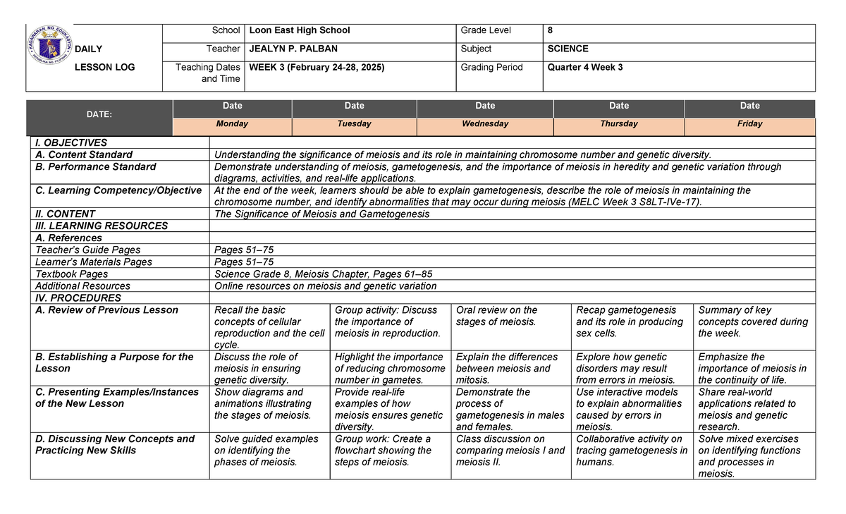 Science 8 Q4 WK2 - LESSON PLAN - DAILY LESSON LOG School Loon East High ...